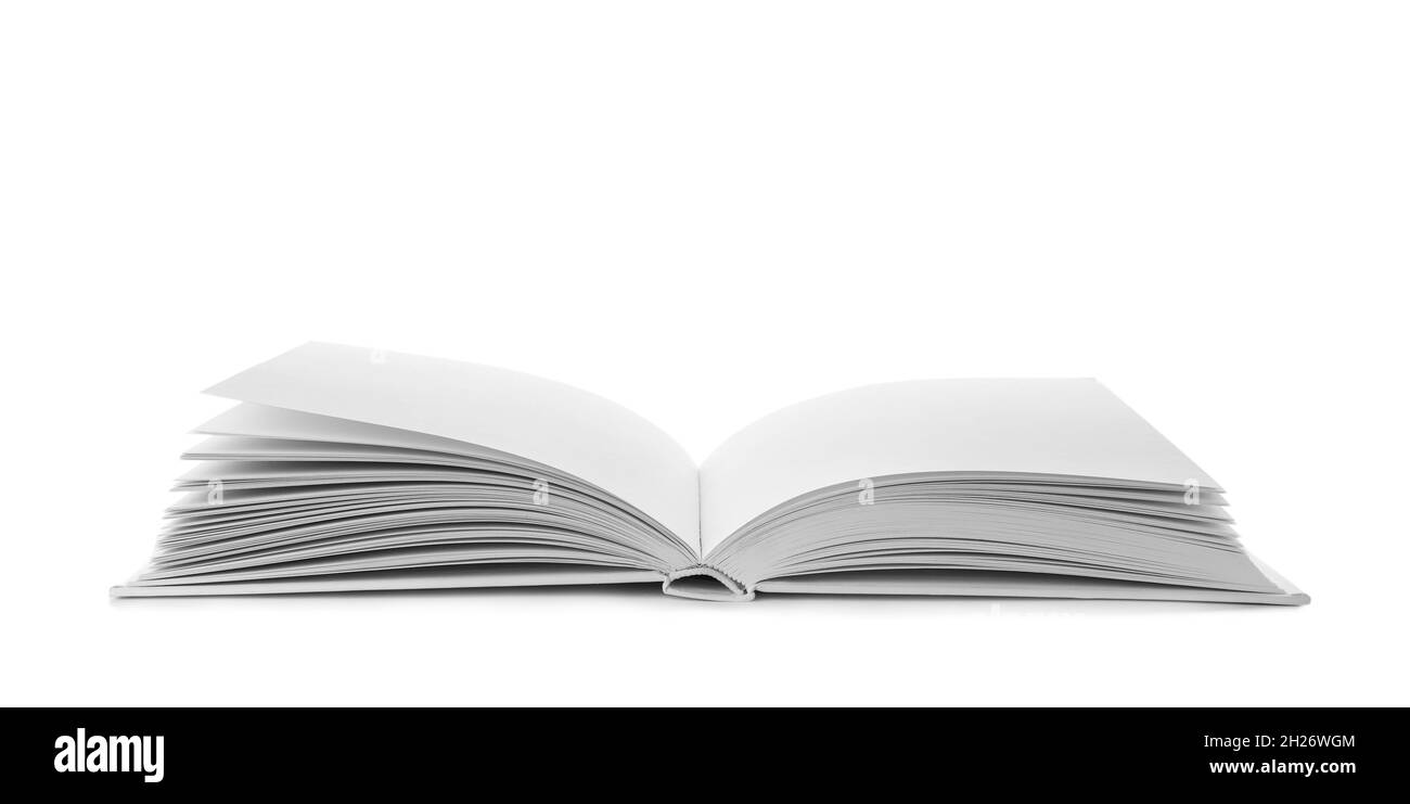 Open book with hard cover on white background Stock Photo - Alamy
