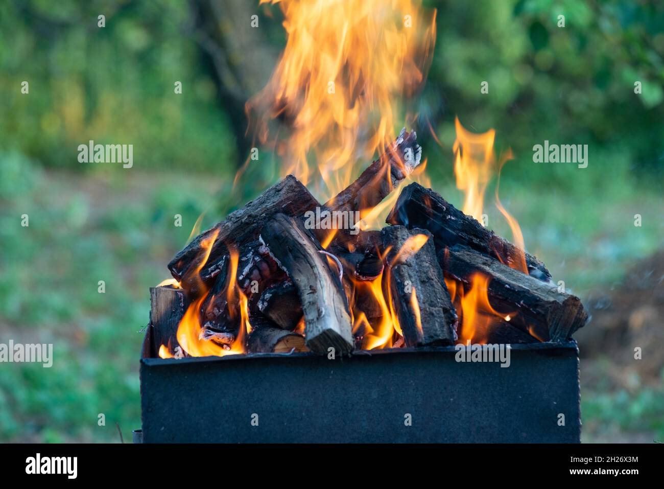 smoldering embers of a bonfire on the grill against the background of ...