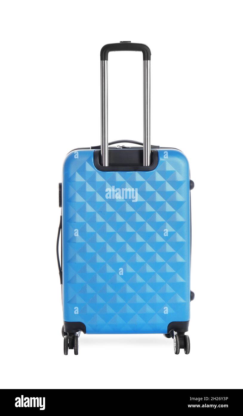 Blue suitcase for travelling on white background Stock Photo - Alamy