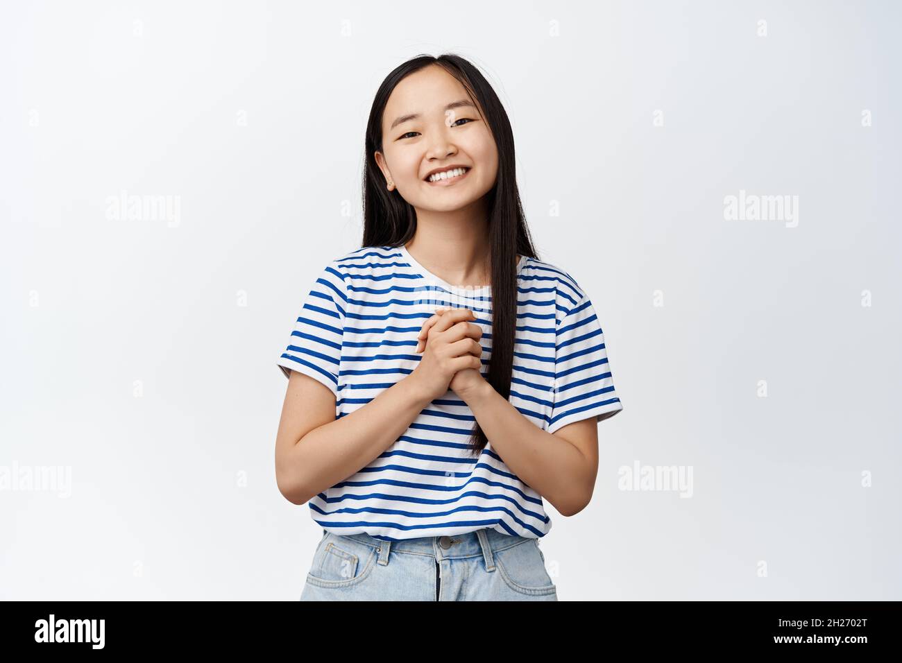 Image of hopeful female student smiling, look with appreciation ...