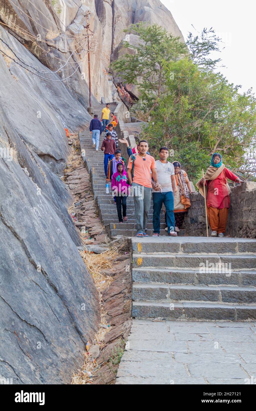 JUNAGADH, INDIA - FEBRUARY 10, 2017: People on steps of Girnar Hill ...