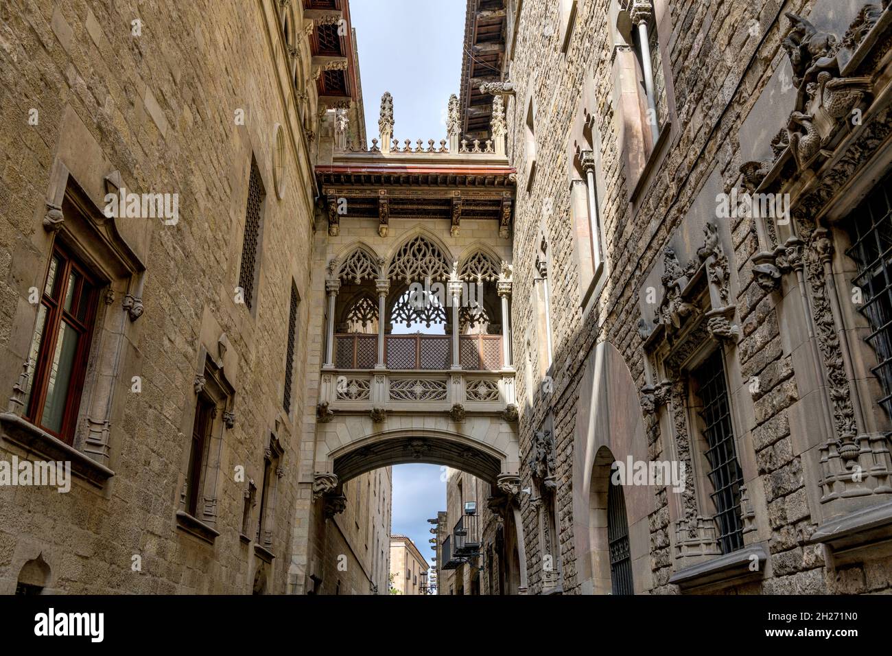 Pont del Bisbe - Sunny afternoon view of a neo-Gothic style stone ...
