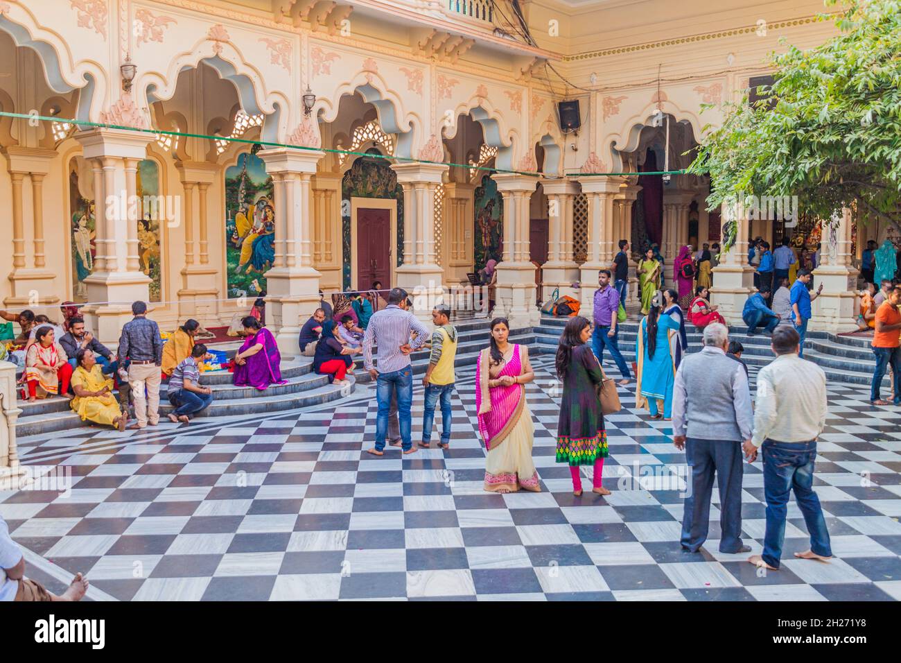 VRINDAVAN, INDIA - FEBRUARY 18, 2017: People in Krishna Balaram Mandir ...