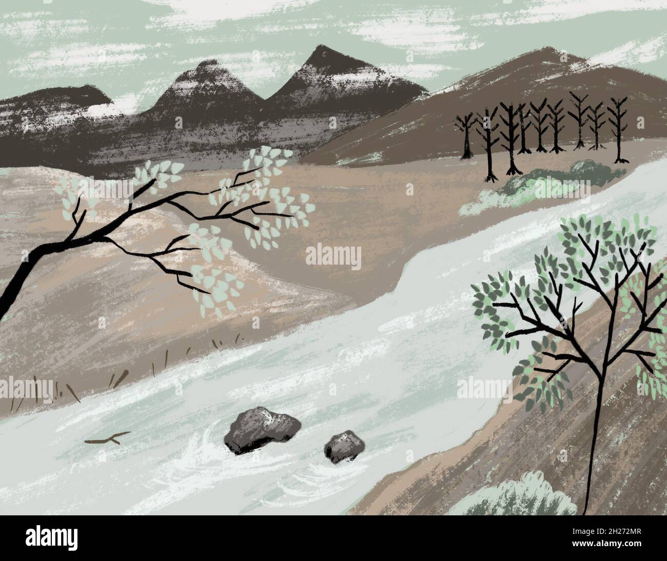lovely hand painted landscape background illustration art Stock Photo ...