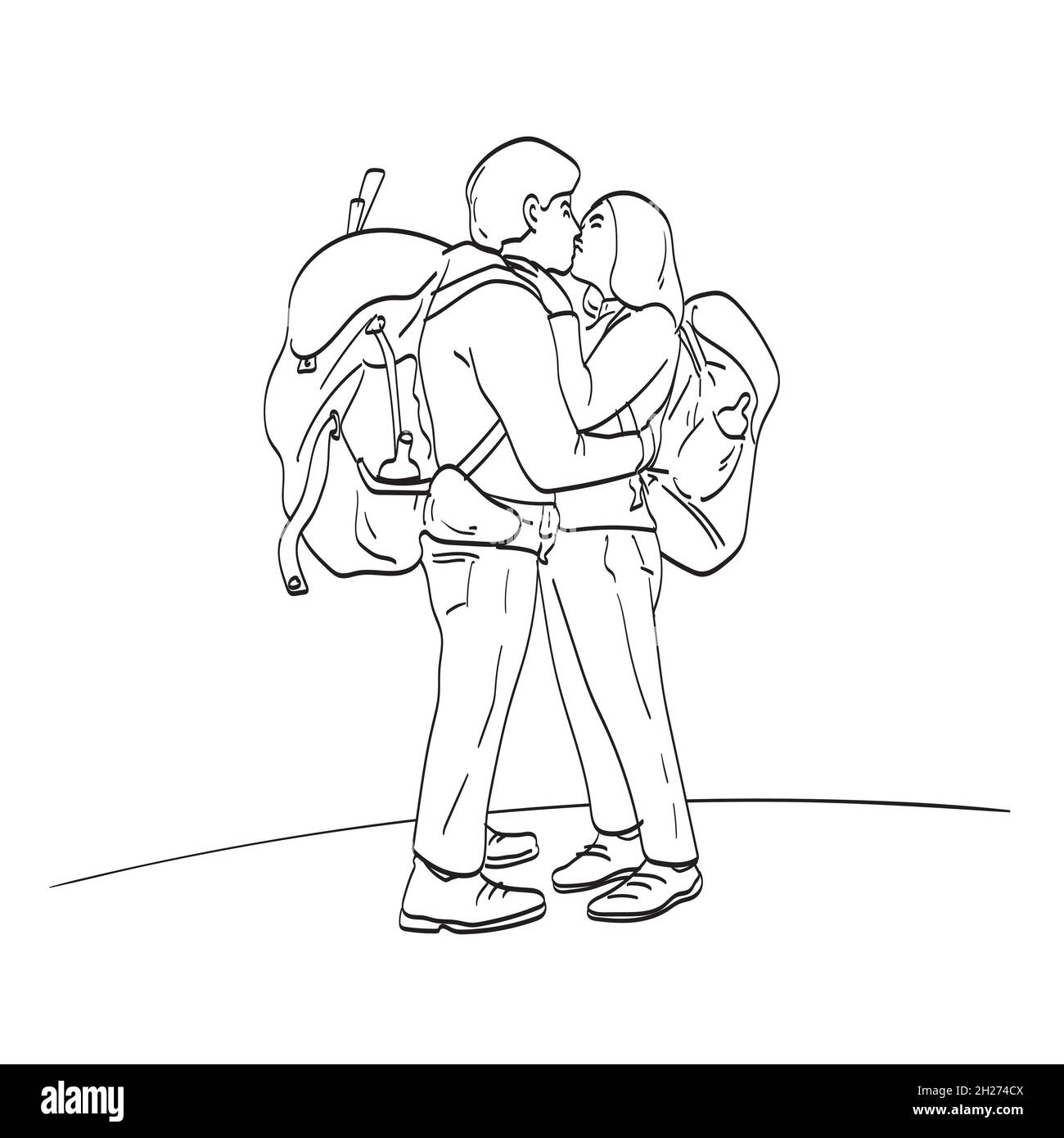 lover couple with backpack kissing illustration vector isolated on ...