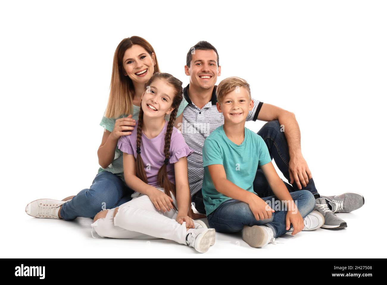 Happy family with children on white background Stock Photo - Alamy