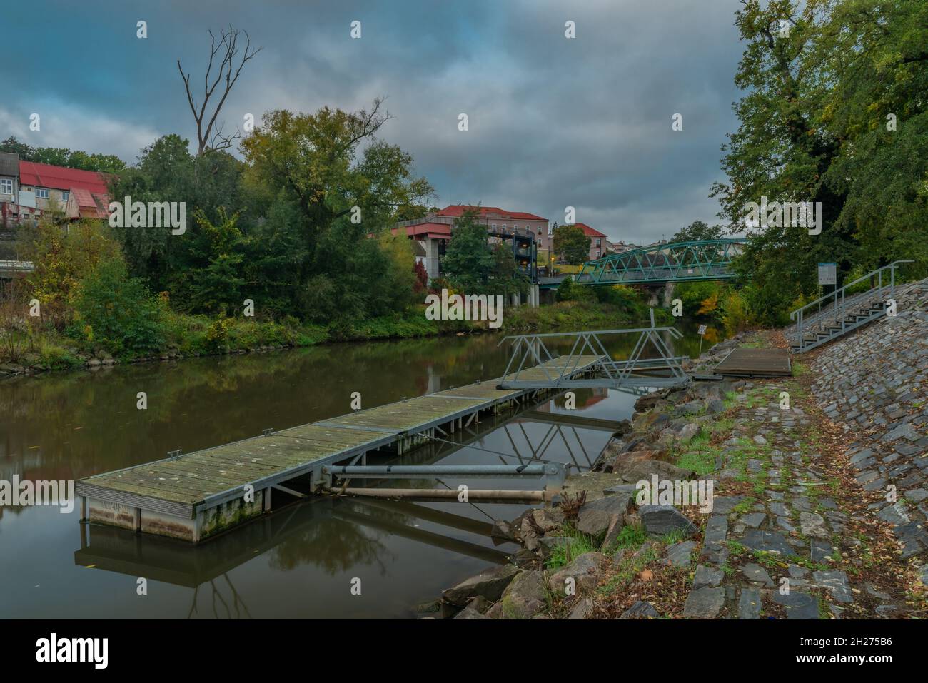River Labe in central Bohemian town Kolin in autumn color morning after ...