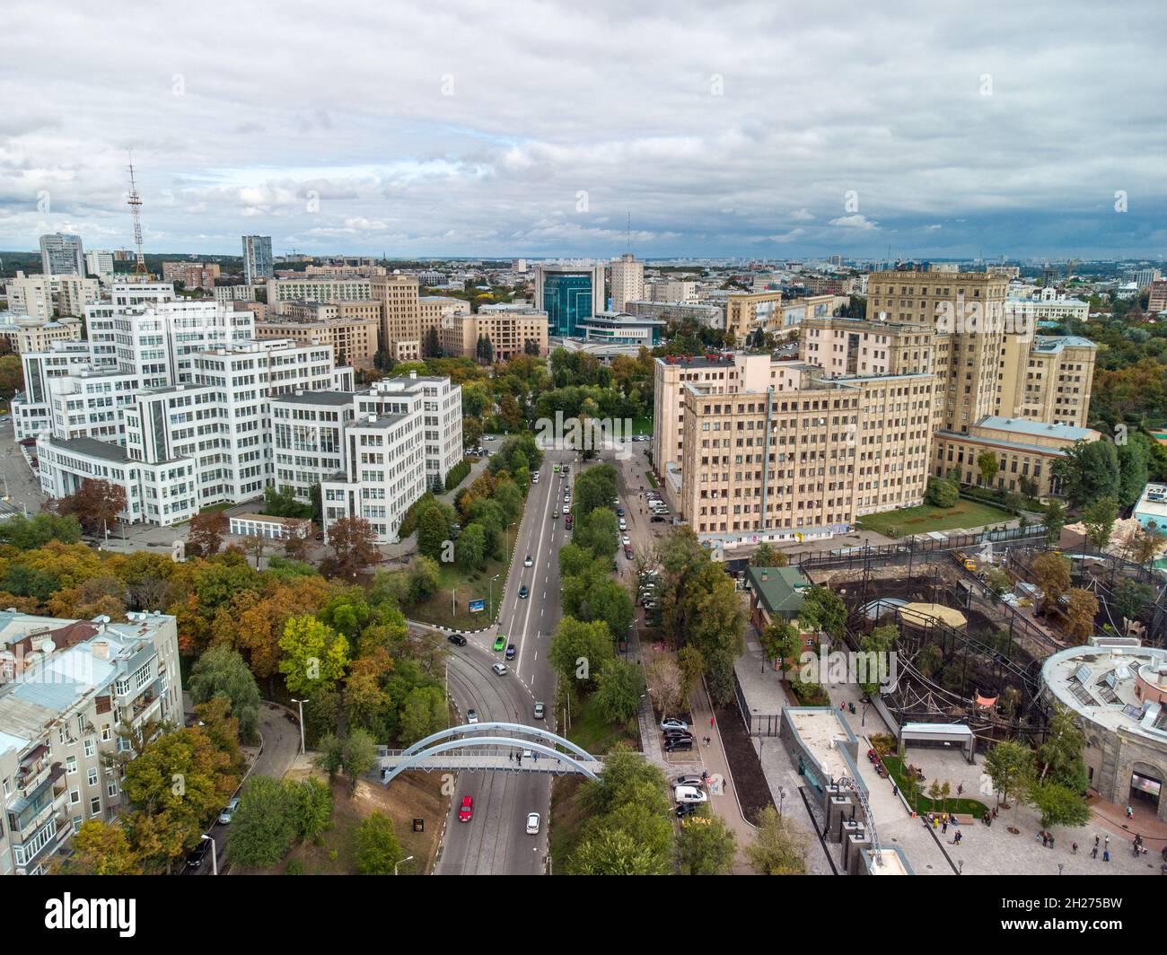 Autumn city aerial view, Klochkivskyj Descent with pedestrian bridge ...