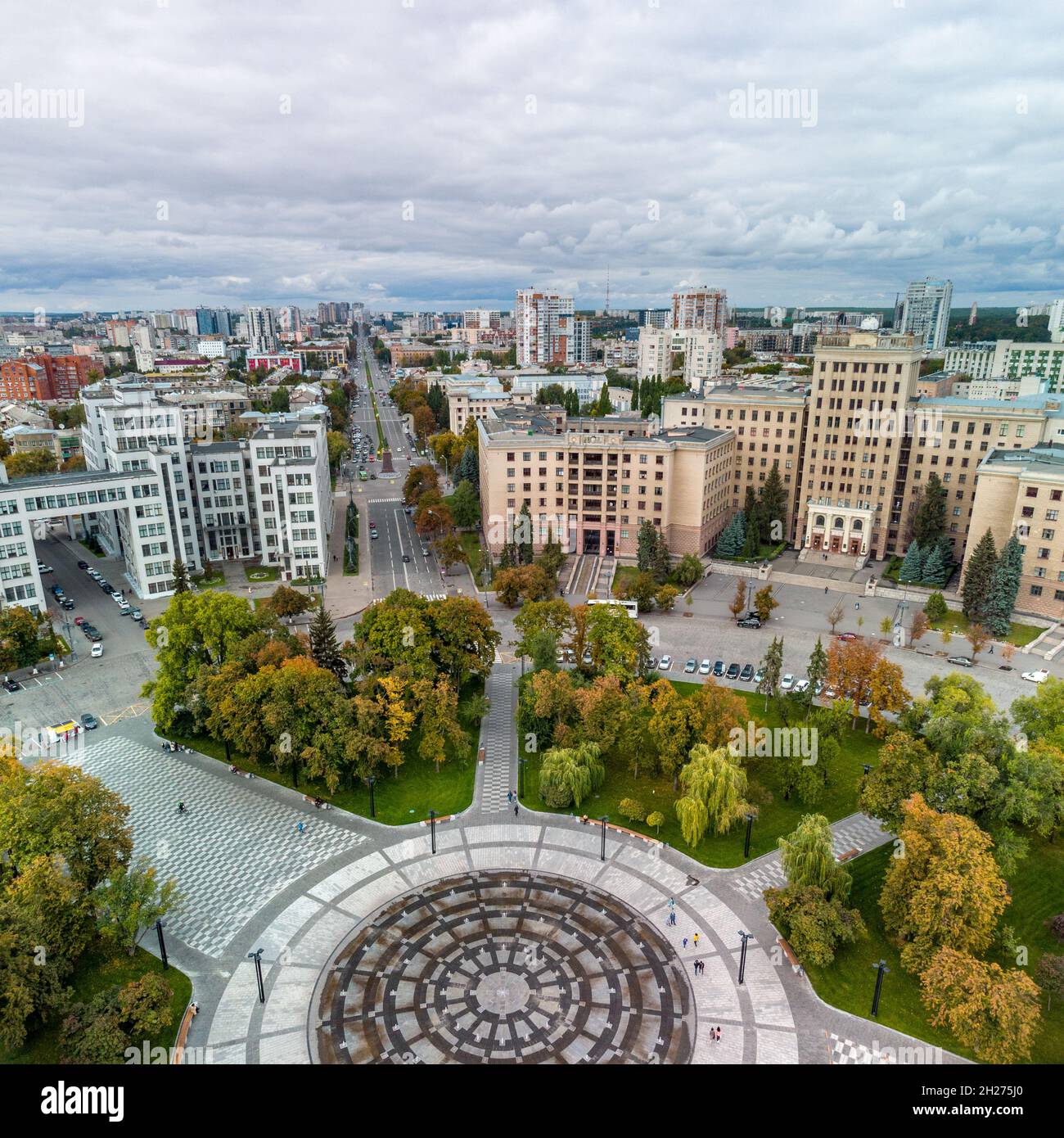 Autumn city aerial view from Freedom Square central fountain on ...