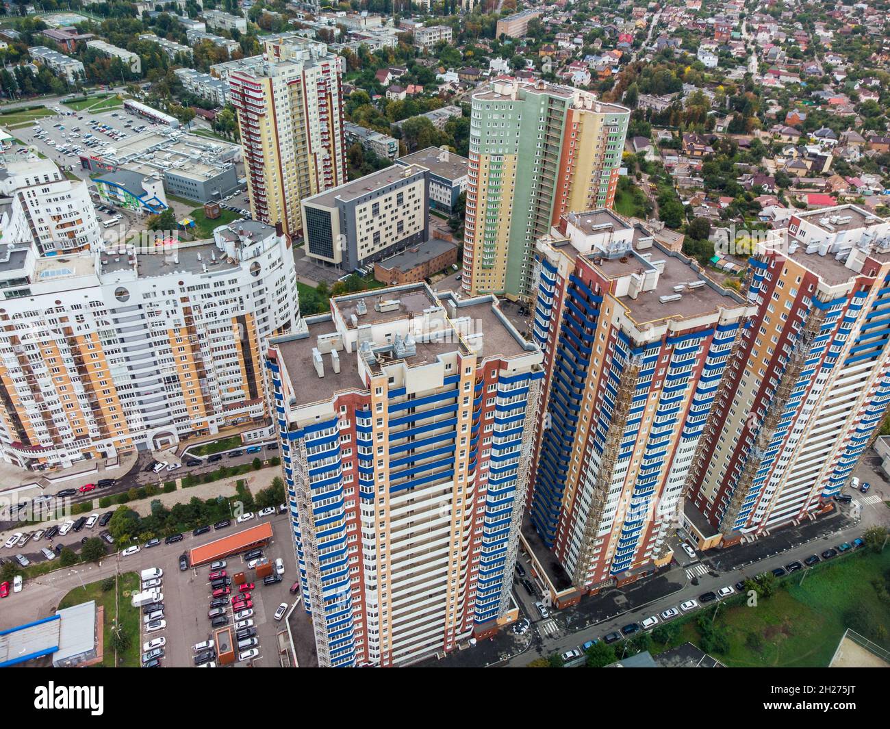 Multistory colorful modern high residential buildings look down view ...