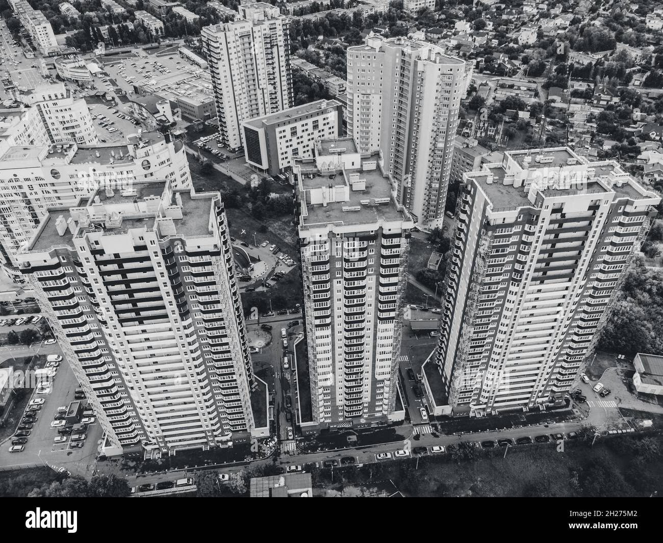 Multistory modern high residential buildings look down view, cityscape ...