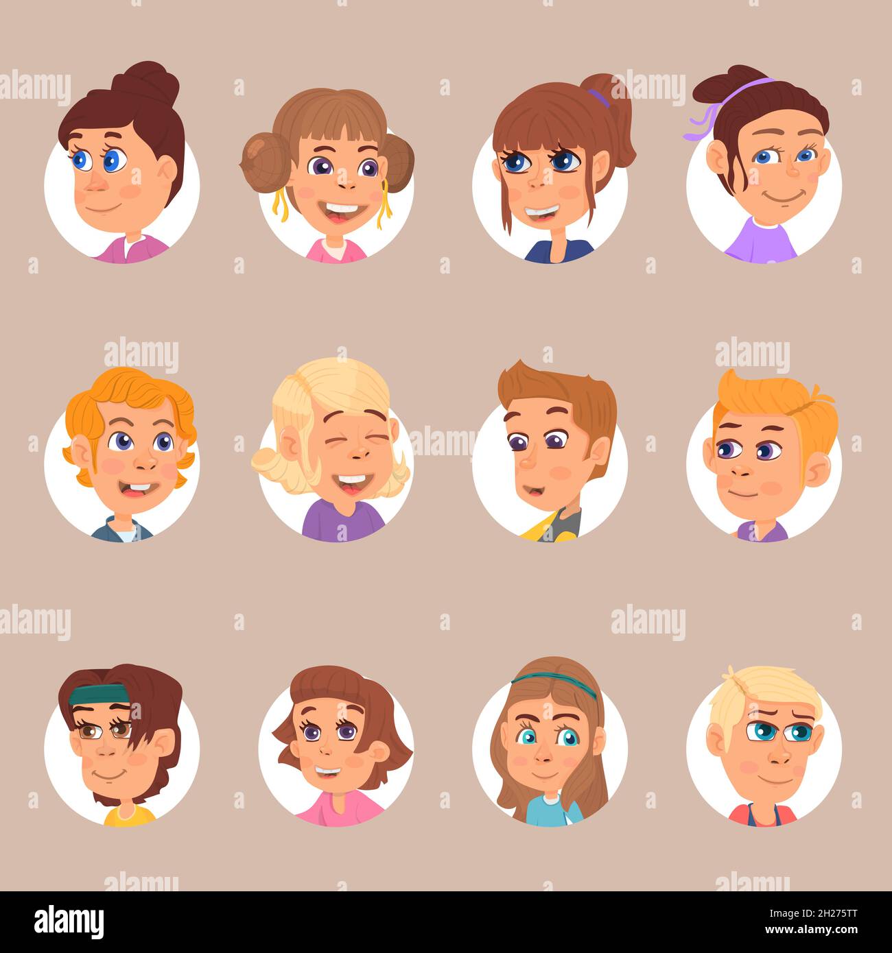 Cute kids avatars. School child faces, portraits of cartoon ...