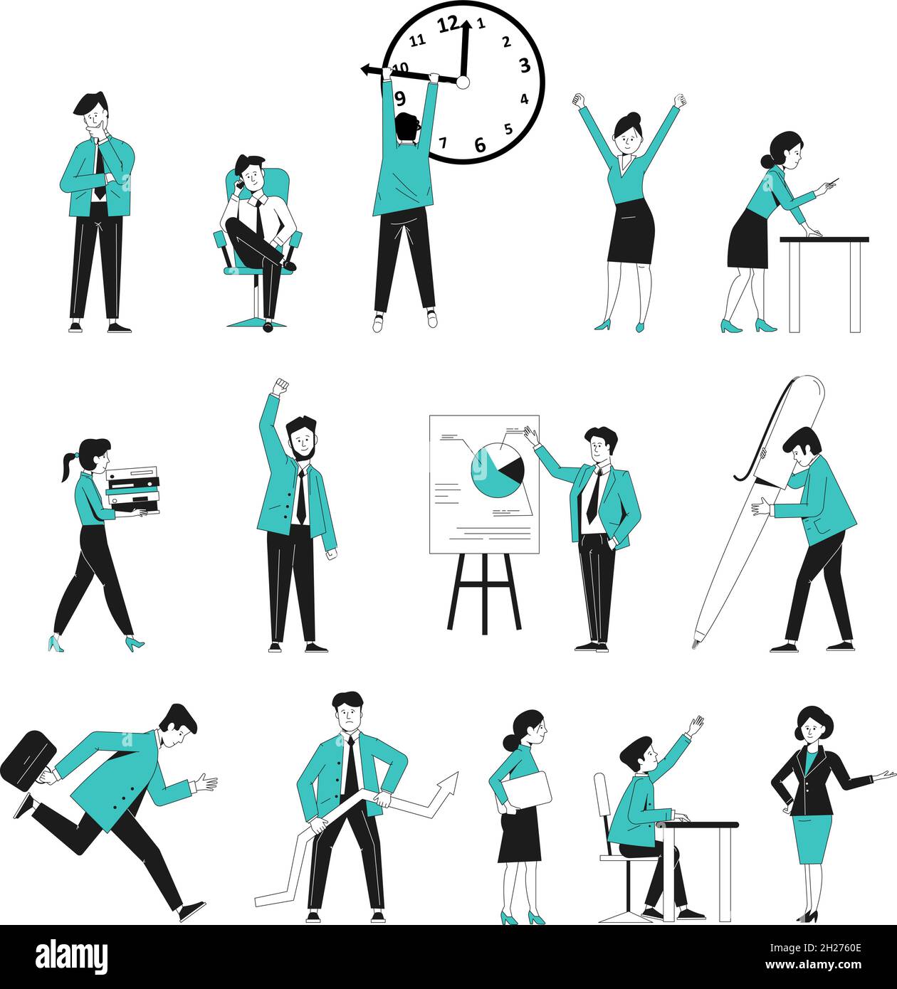 Outline business characters. Office people, female male at work ...