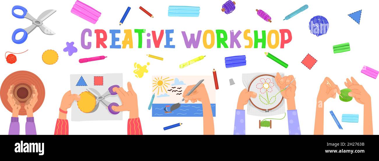 Handmade workshop banner. Kids activities, hands creative diy. Children ...