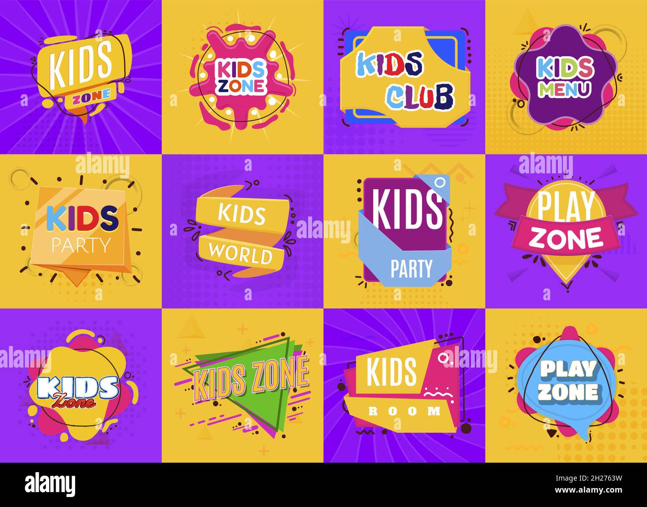 Game room banner. Kids zone emblem, preschool playground logo. Camping ...