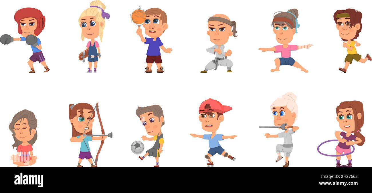 Kids sport characters. Student training, football player and fun team ...