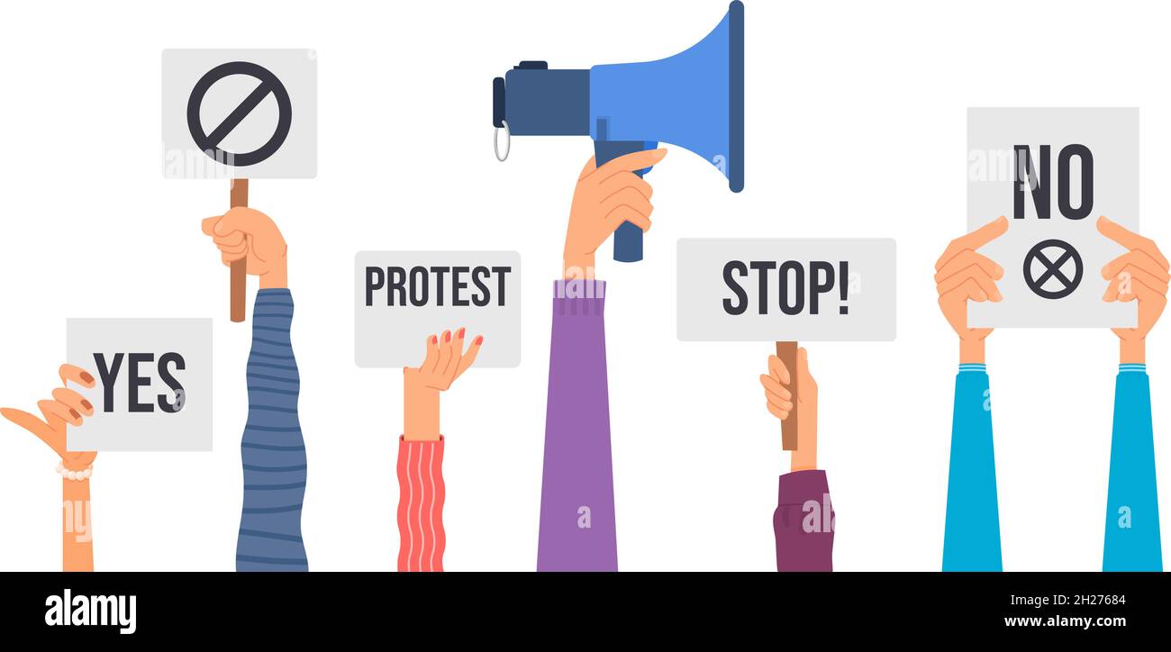 Hands with placards. Protest placard, hand holding manifests banners ...