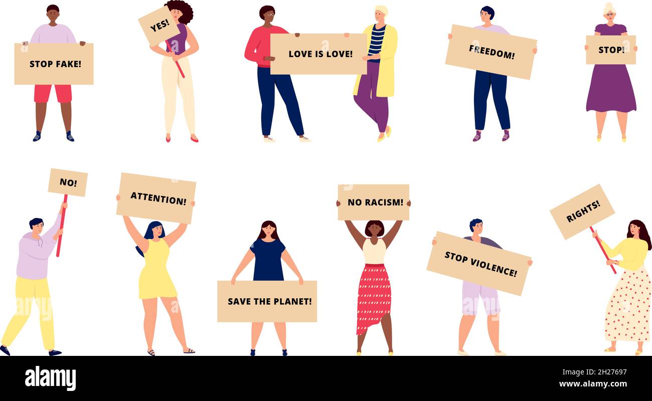 Protest crowd. Demonstration characters, people holding placards ...