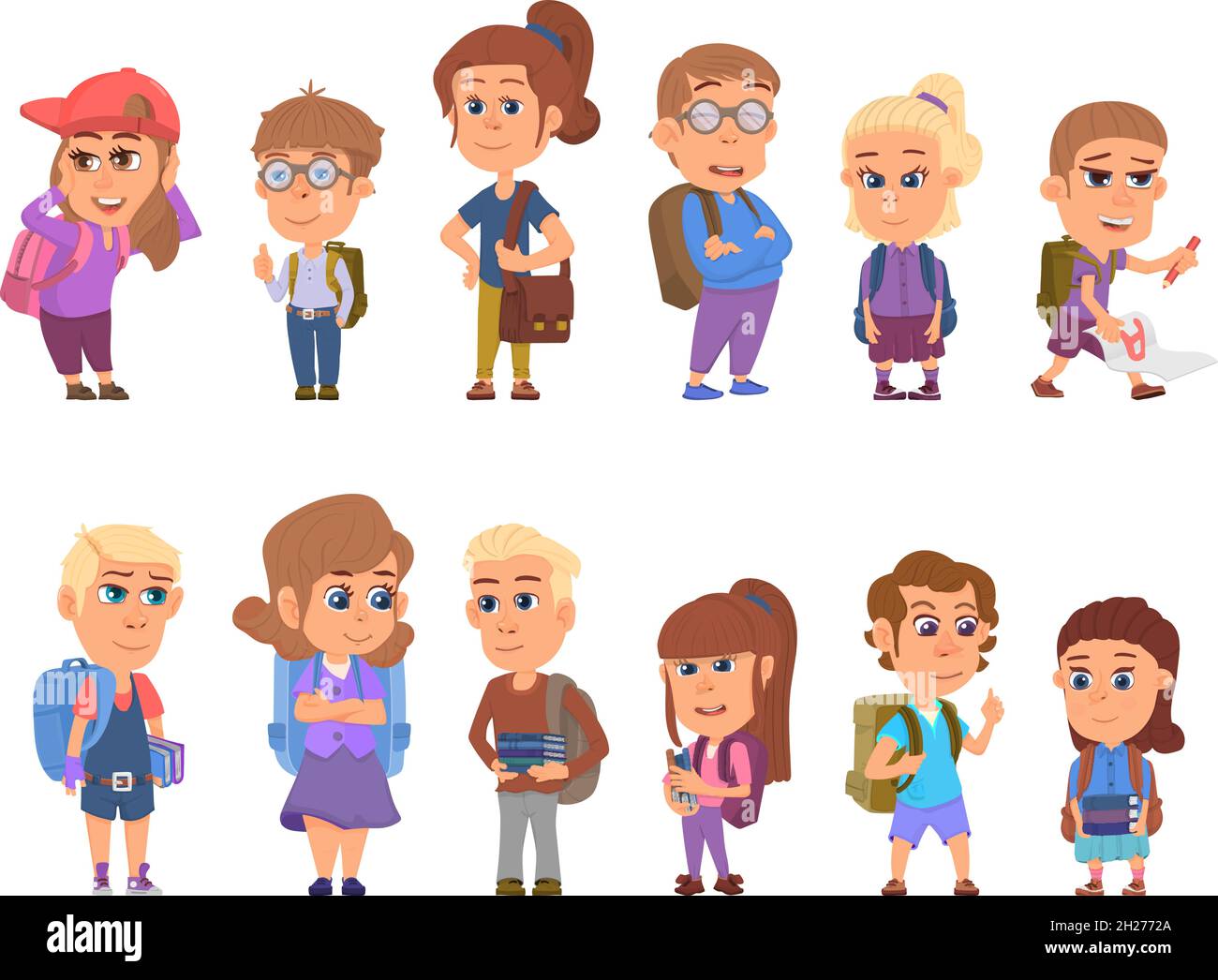 Back to school characters. Happy kids, student with books and backpack ...