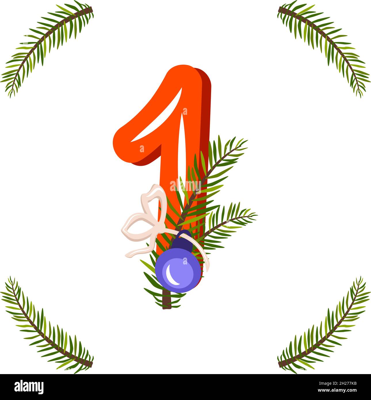 Red number one with green Christmas tree branch, ball and bow. Festive ...