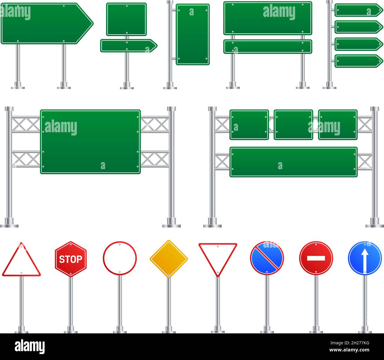 Blank street traffic sign. Road signs, isolated street highway boards. Green, yellow and red ...