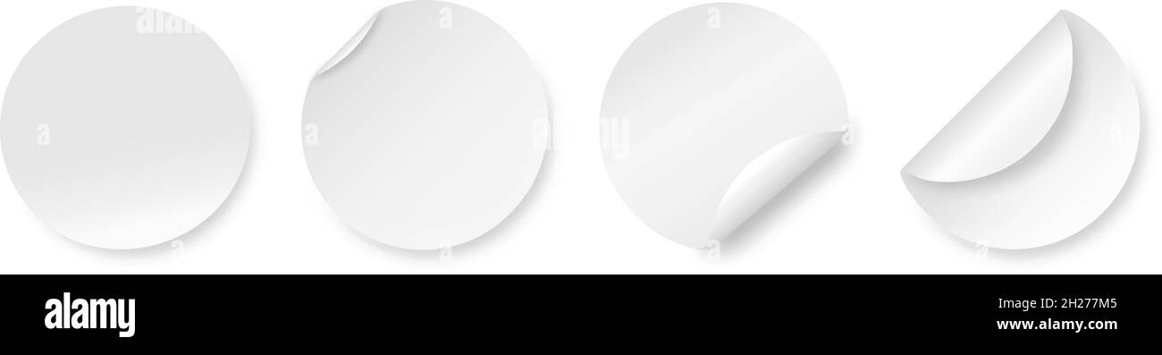White blank round stickers. Curved corner circle label, wrapped mockup ...
