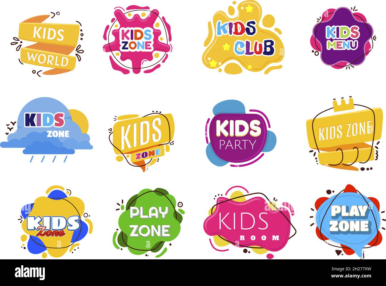 Kids zone labels. Child logo, kid play room banners. Bright childish ...