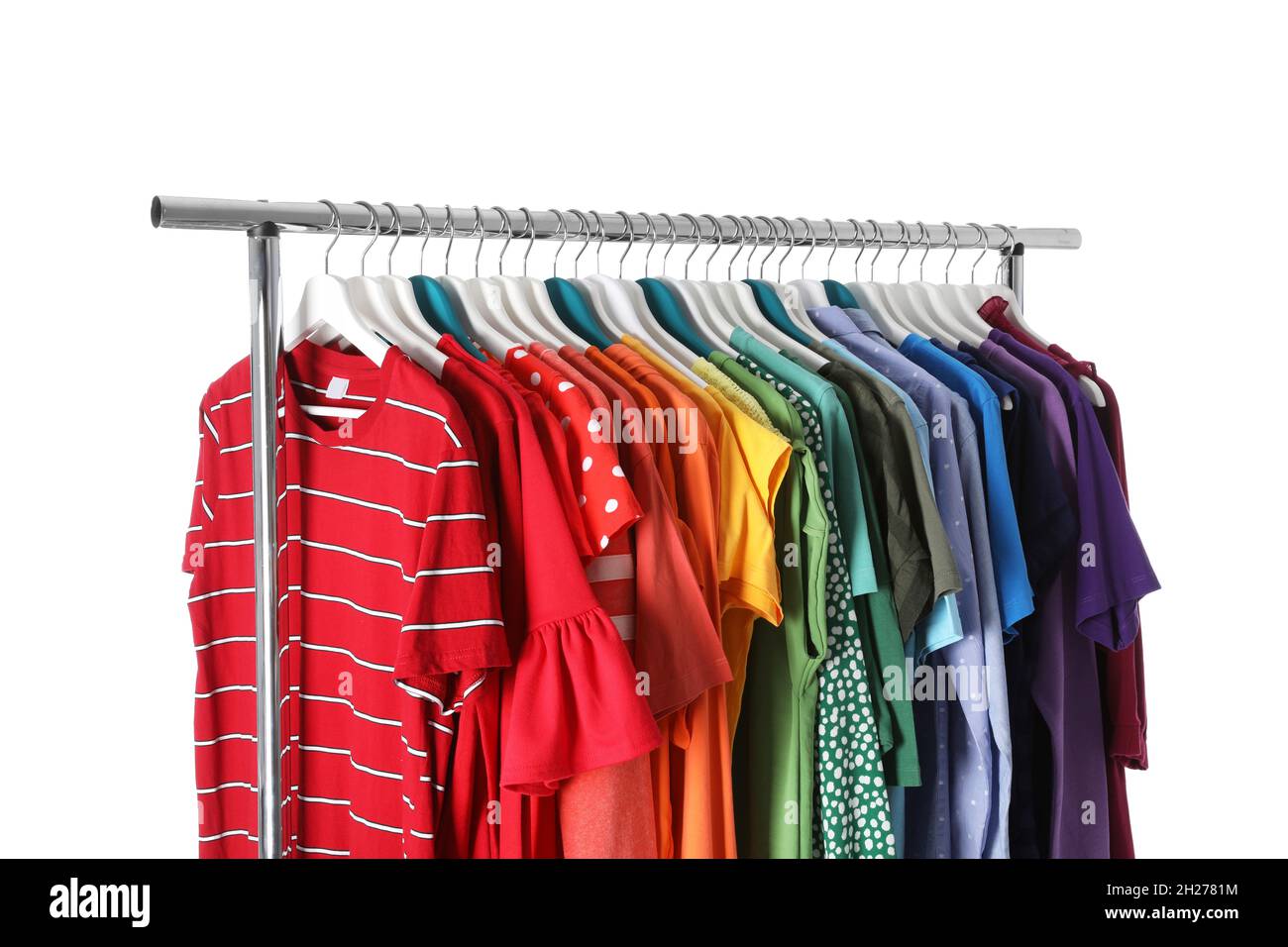 Wardrobe rack with different colorful clothes on white background Stock ...