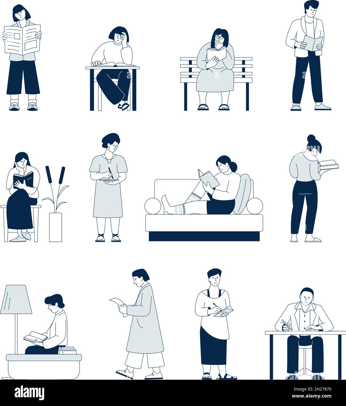 Cute reading characters. Men hold book, adult study. Isolated library ...