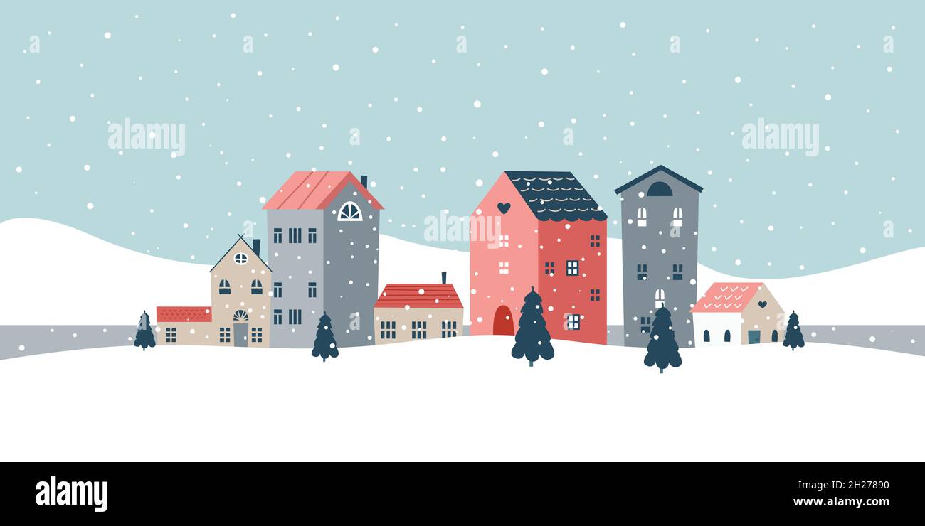Minimal winter landscape. Flat snowy christmas scene, holiday ...