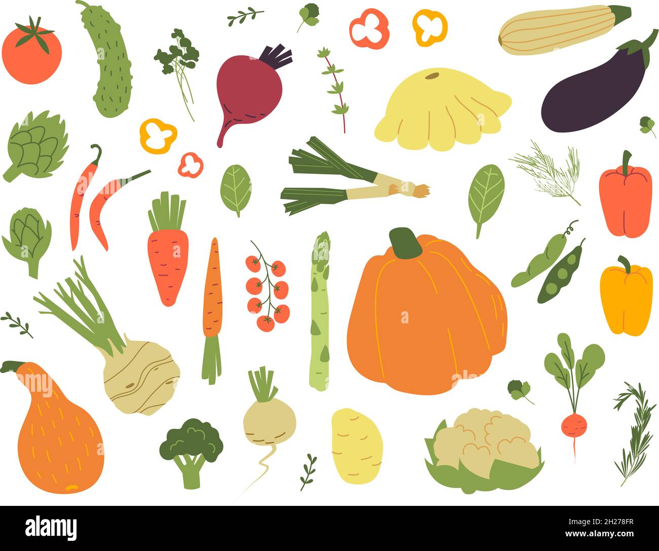 Doodle vegetables. Colorful raw vegetable, hand drawn food. Flat beet ...