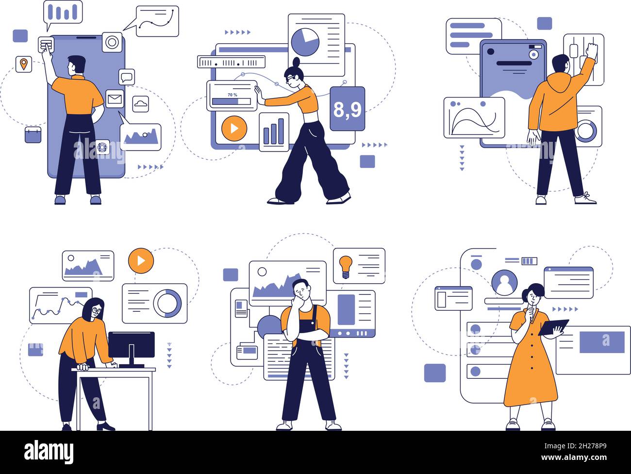 People develop app. Flat technology person, programming process ...