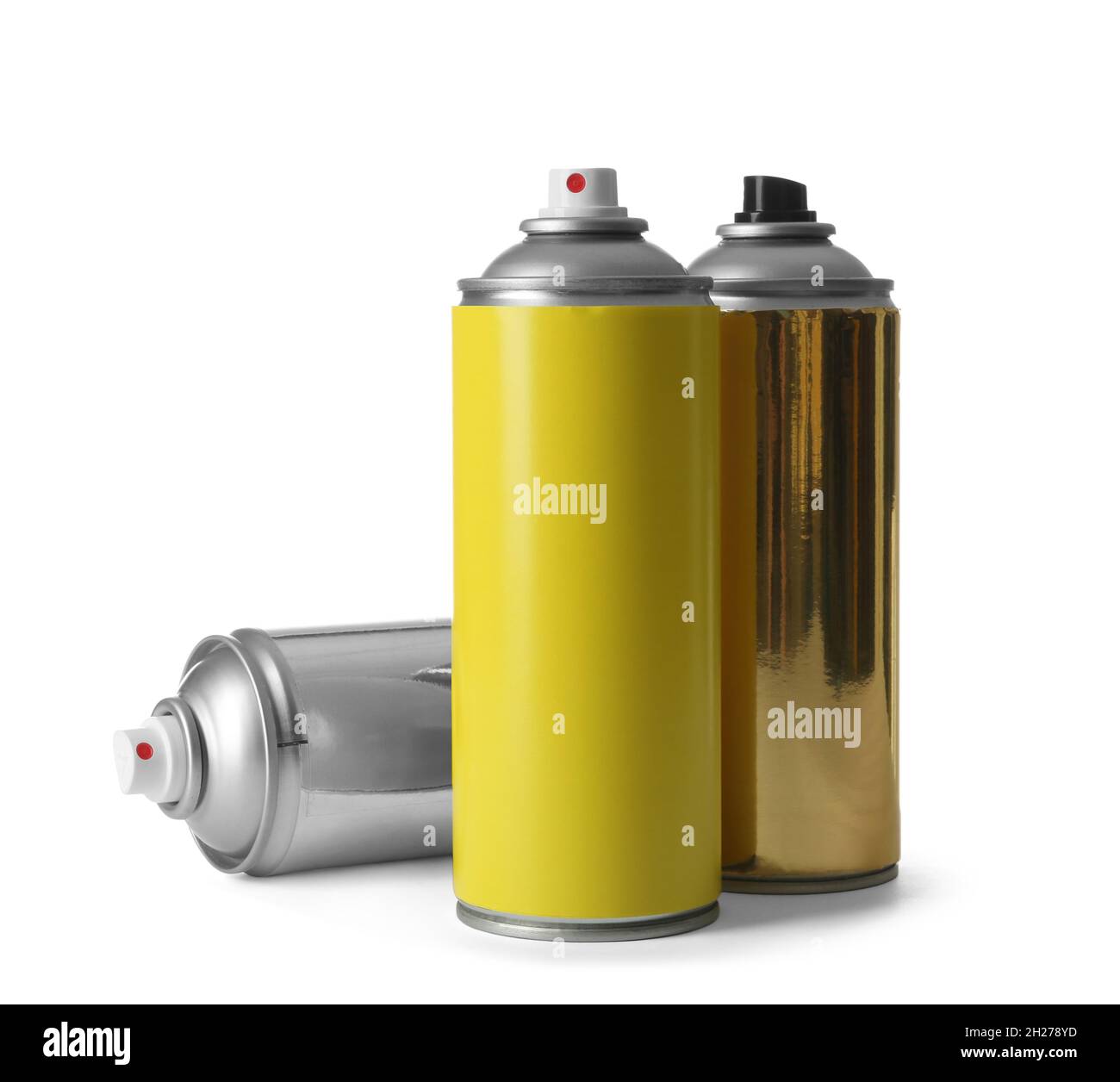 Cans of different spray paints on white background Stock Photo - Alamy