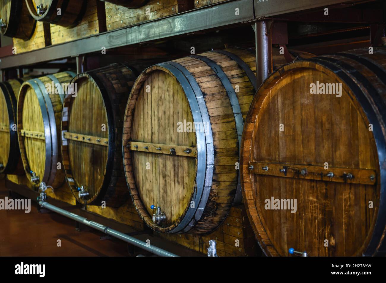 Line of wooden barrels of expensive alcohol drinks at plant Stock Photo ...