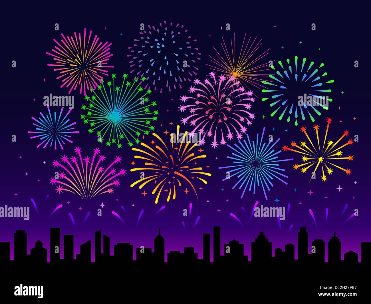 Night city fireworks. Firework festival scene, summer celebrate. New ...