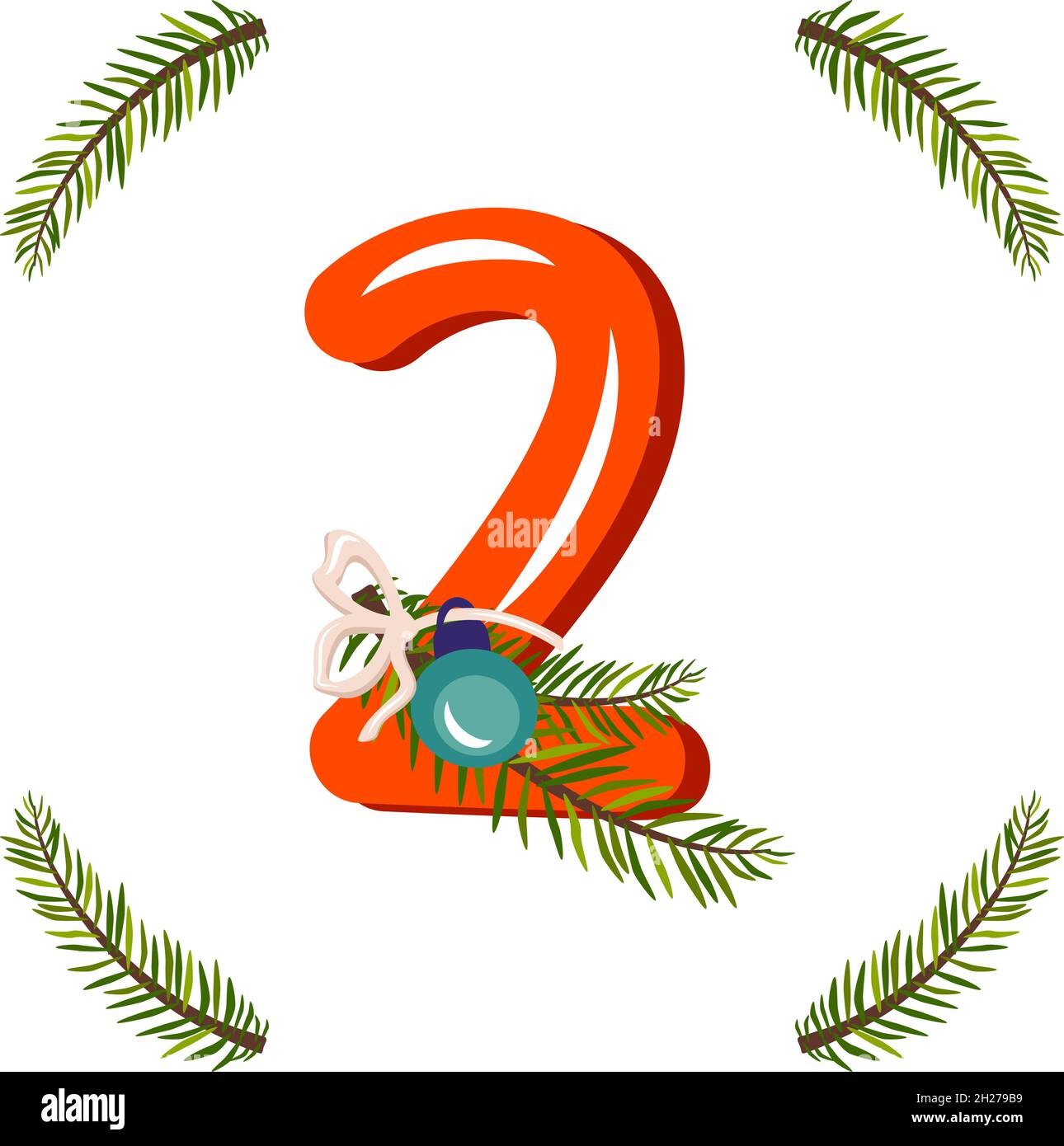 Red number two with green Christmas tree branch, ball and bow. Festive ...