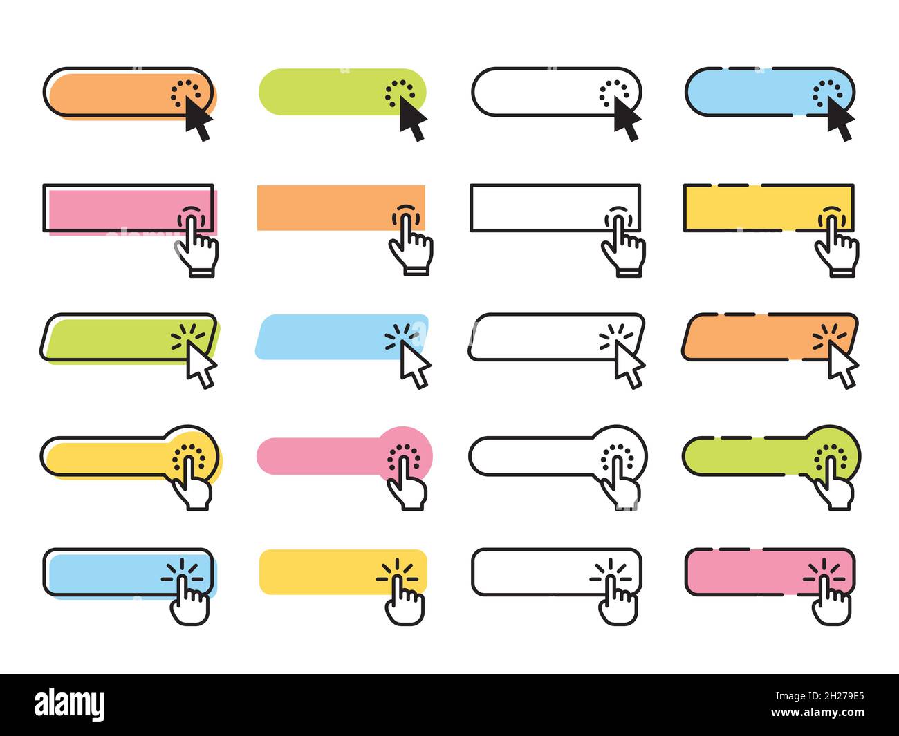 Click buttons. Clicked button, website buy interface elements. Internet ...