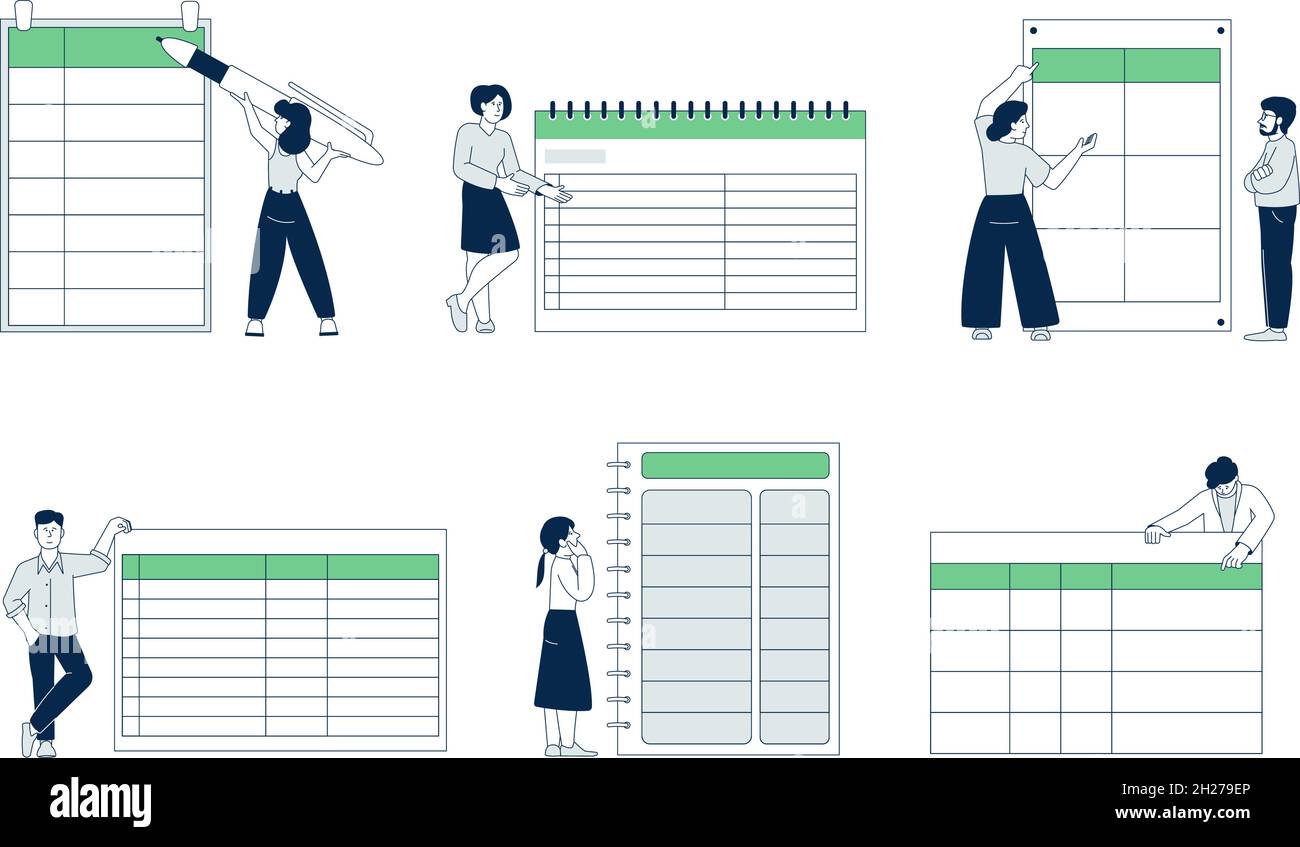 People with planners. Business planner blank template, woman and task ...