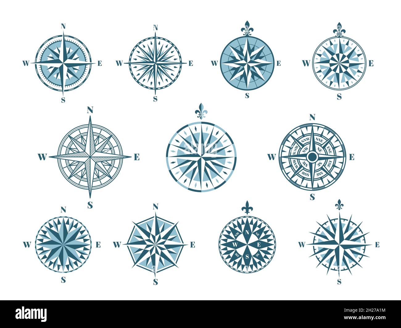 Wind rose compass icons. Cartography elements, vintage navigation ...