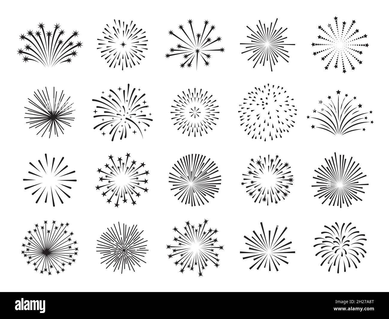 Flat fireworks. Lines firework icons, simple new year festival saluting ...