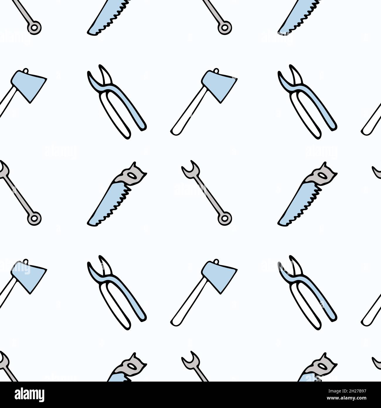 Seamless pattern with repair tools on a blue background, hatchet, ax ...