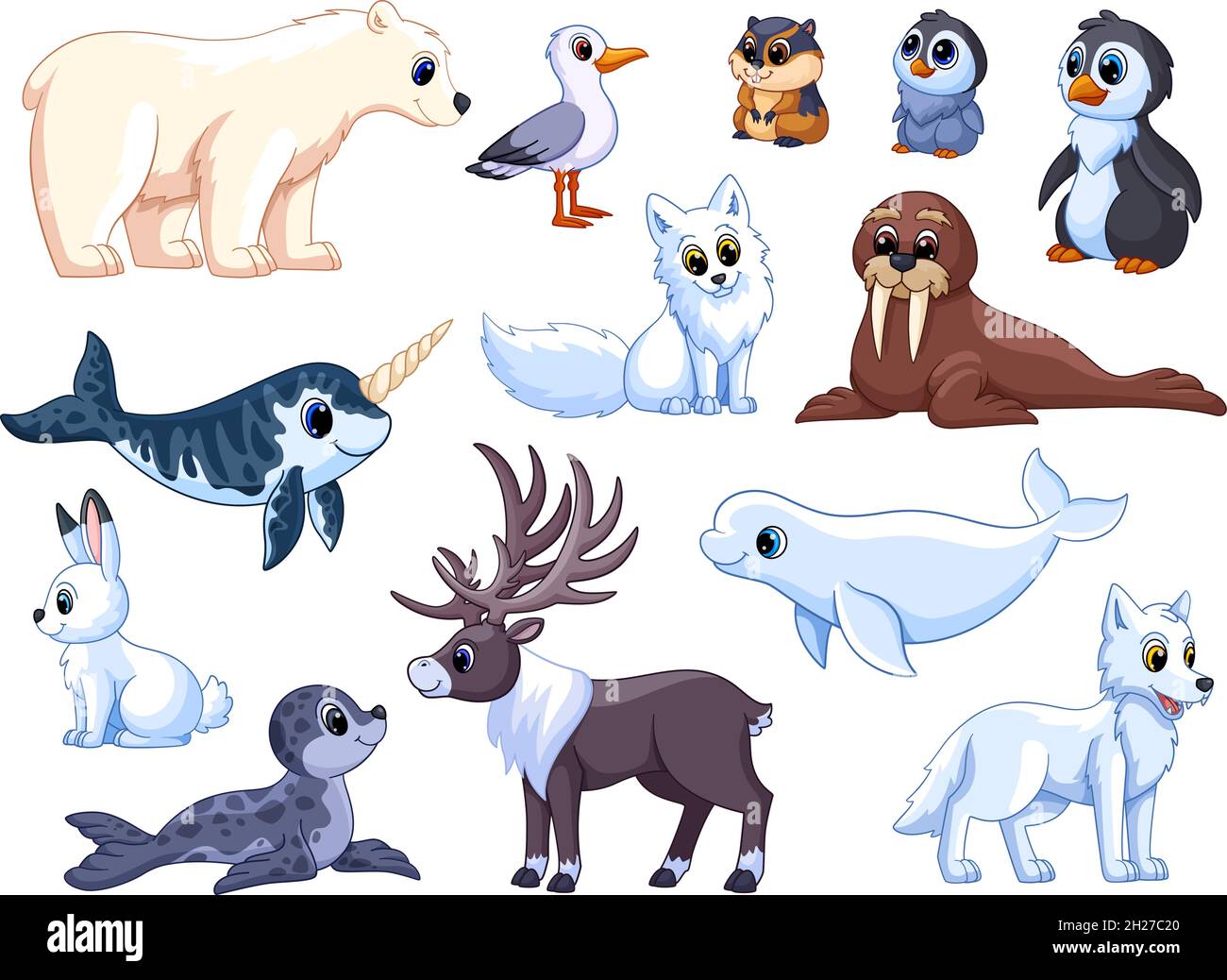 Polar animals. Antarctic mammals, isolated wildlife ocean. Funny arctic ...