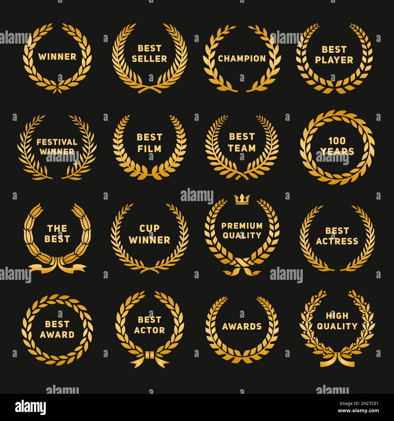 Golden winner wreaths. Gold award logo, sport cinema or competition win ...
