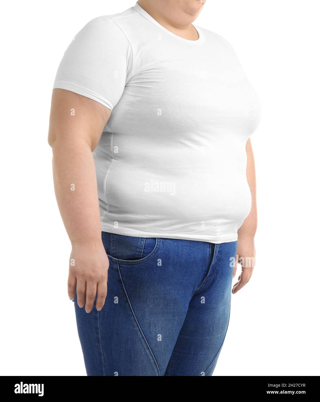 Overweight woman on white background Stock Photo - Alamy