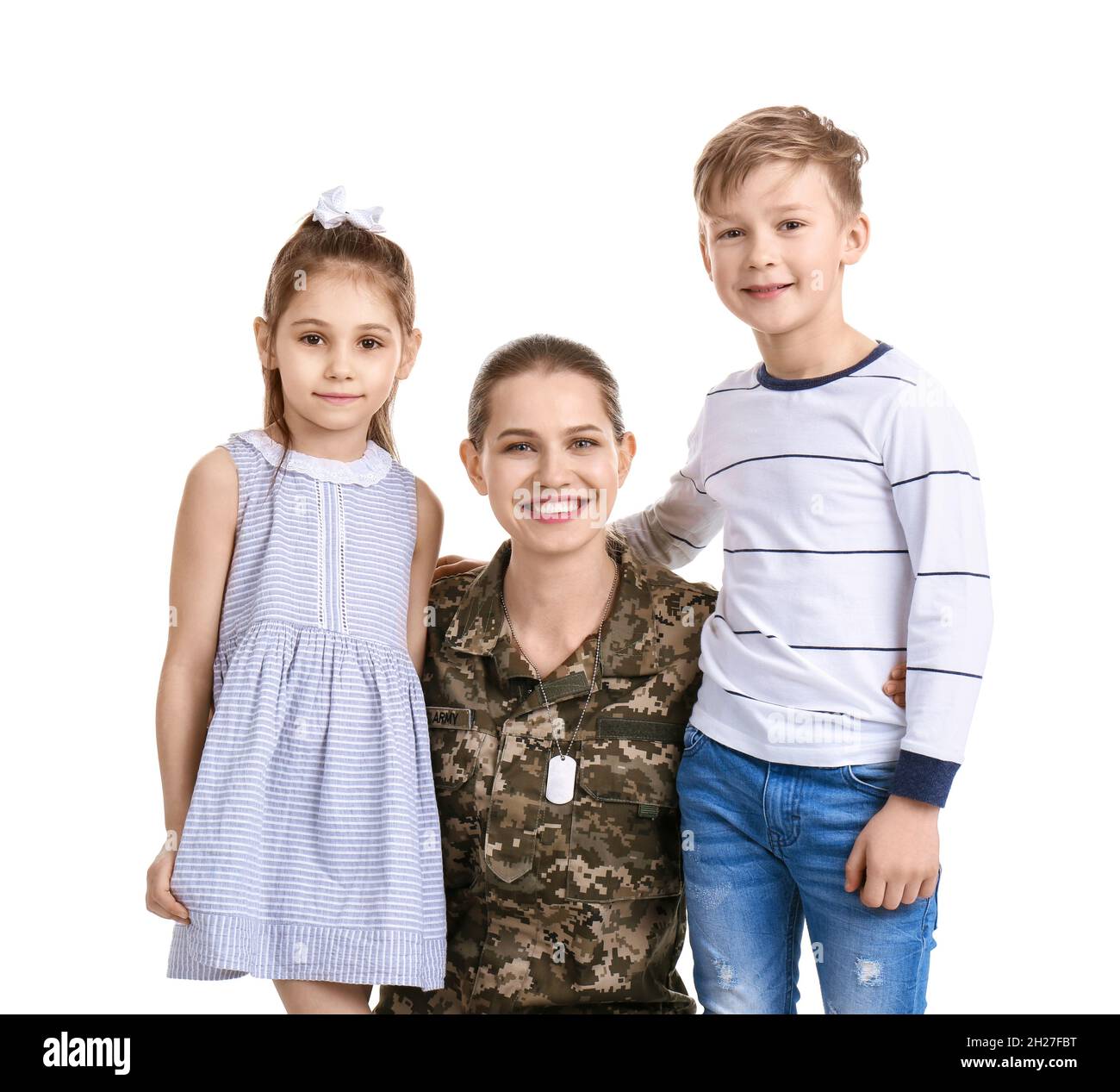 Female soldier with her children on white background. Military service ...