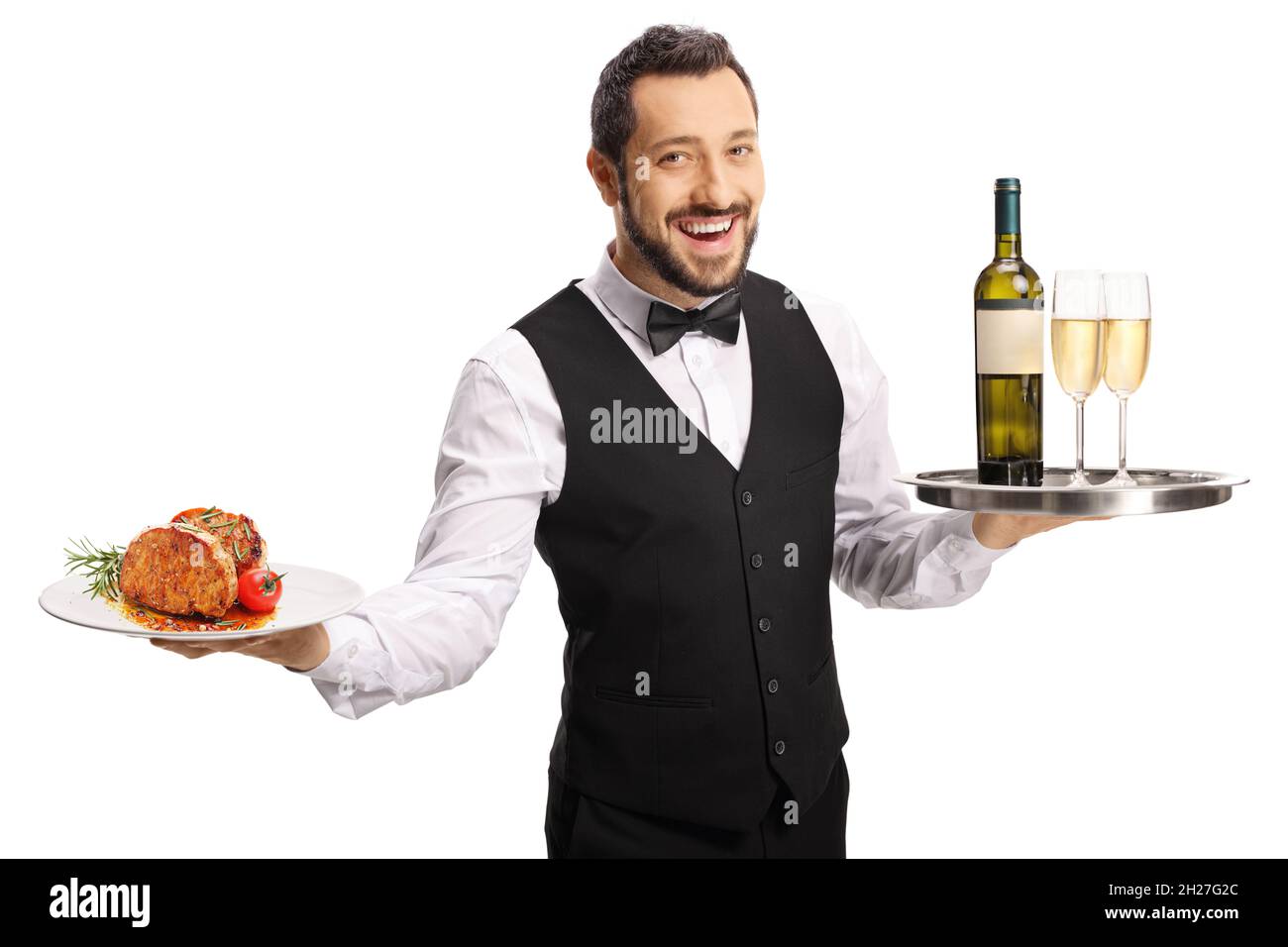 Waiter carrying a plate with steak and a tray with wine isolated on ...