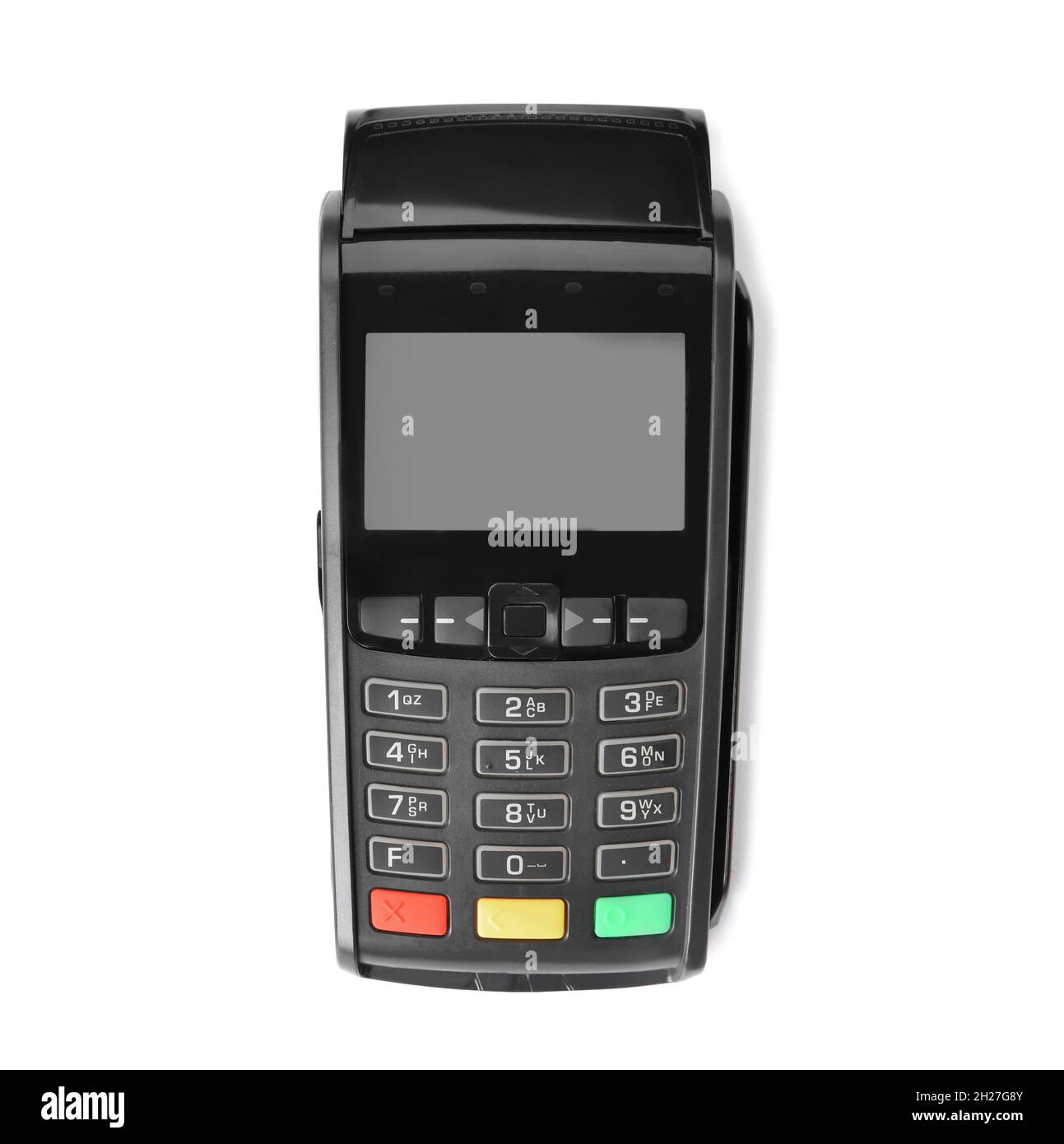 Modern payment terminal on white background, top view Stock Photo - Alamy