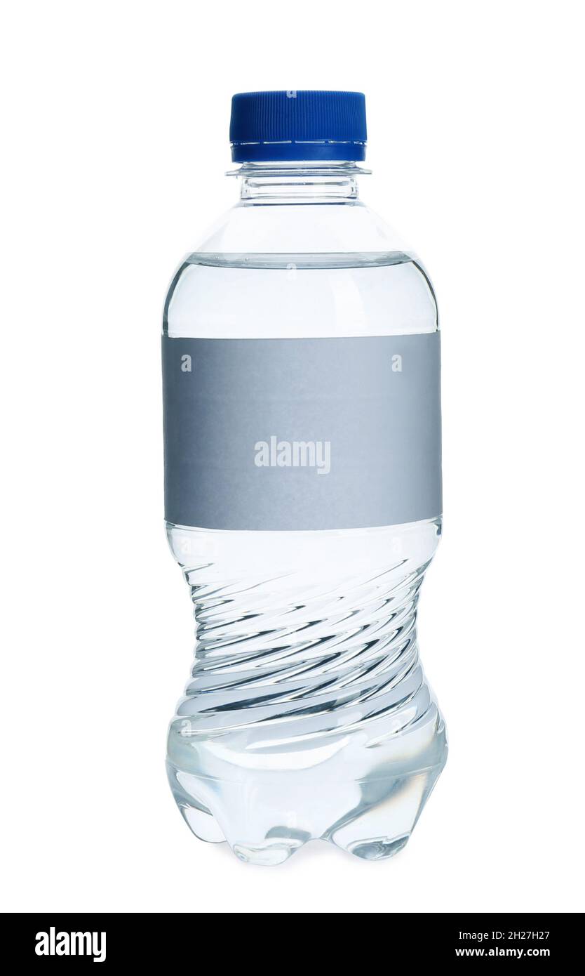 Fresh water in plastic bottle with empty label on white background ...