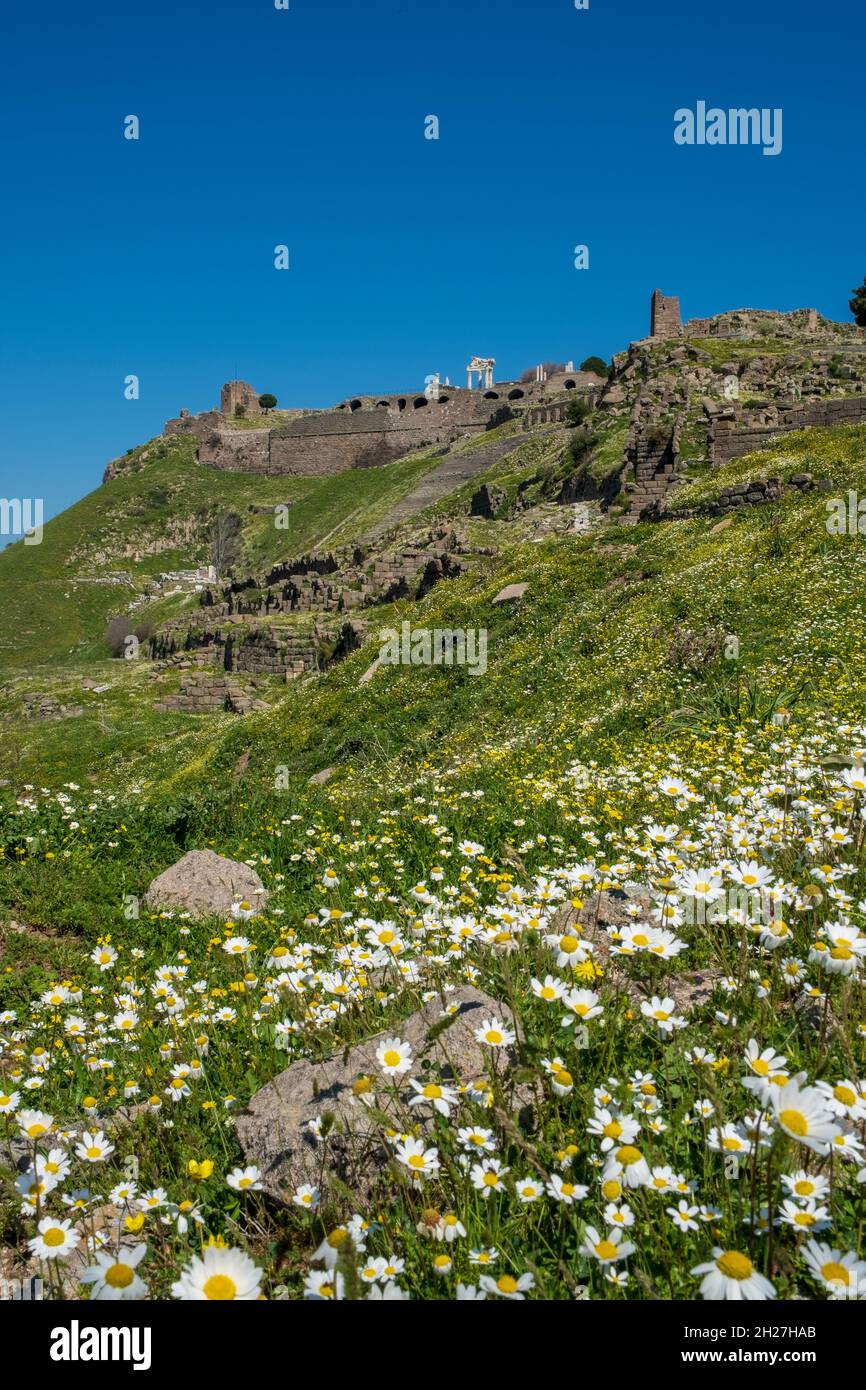 Bergama Acropolis. Temple of Trajan and archways in the ruins of the ...