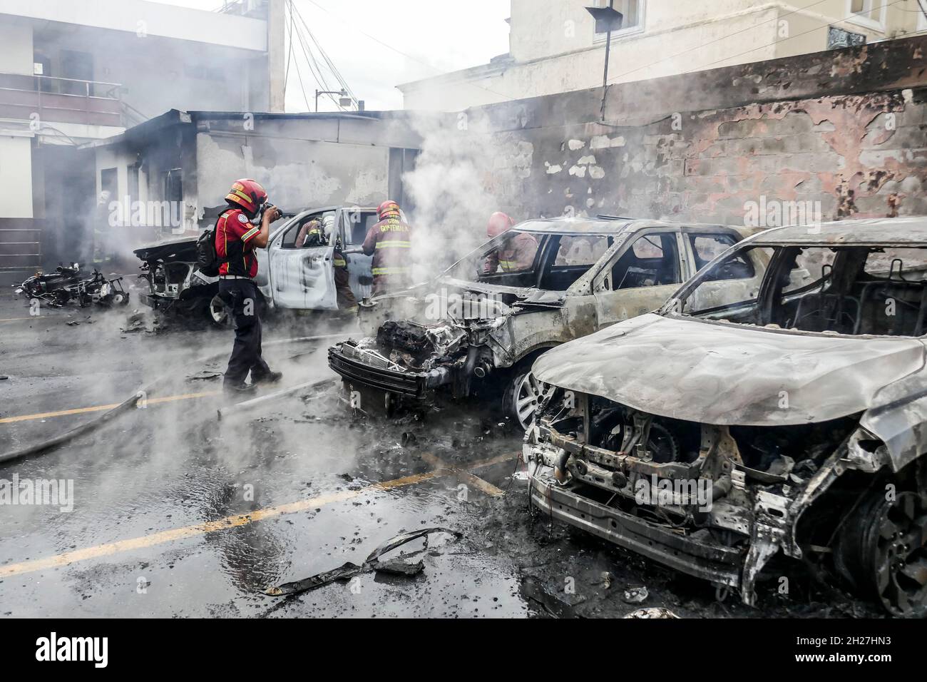 Non Exclusive: Fire crews fight to put out the fire inside the congress ...